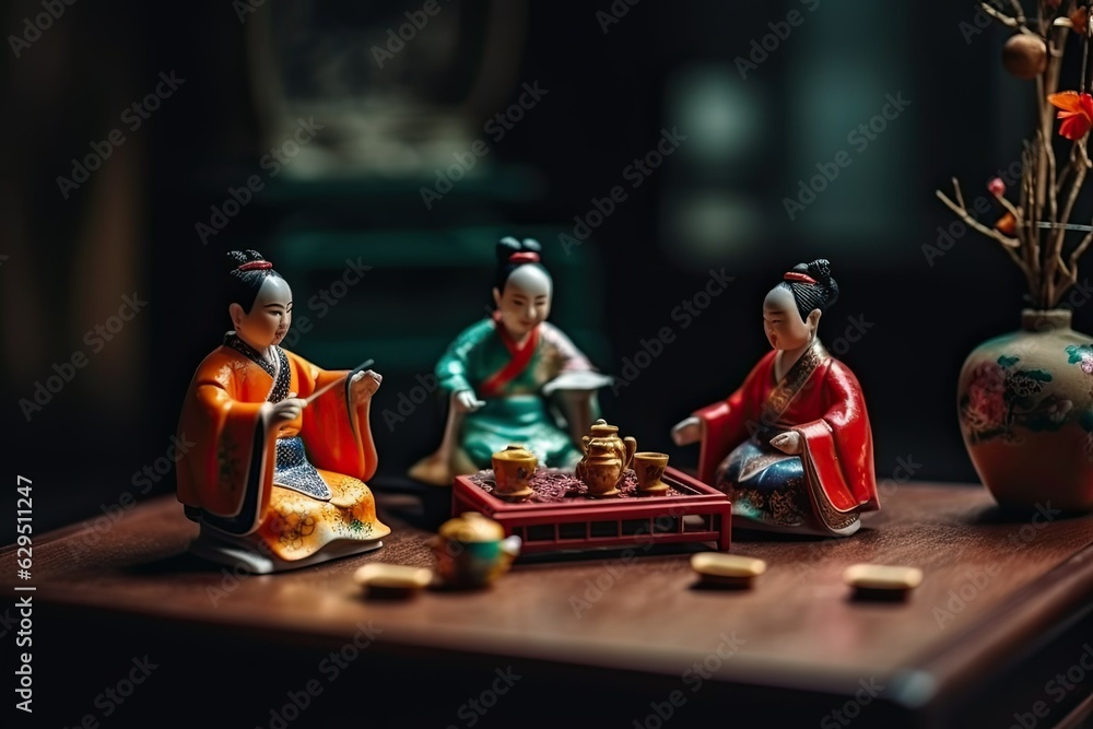 Miniature tea ceremony. Small diorama of Chinese people in ancient ...