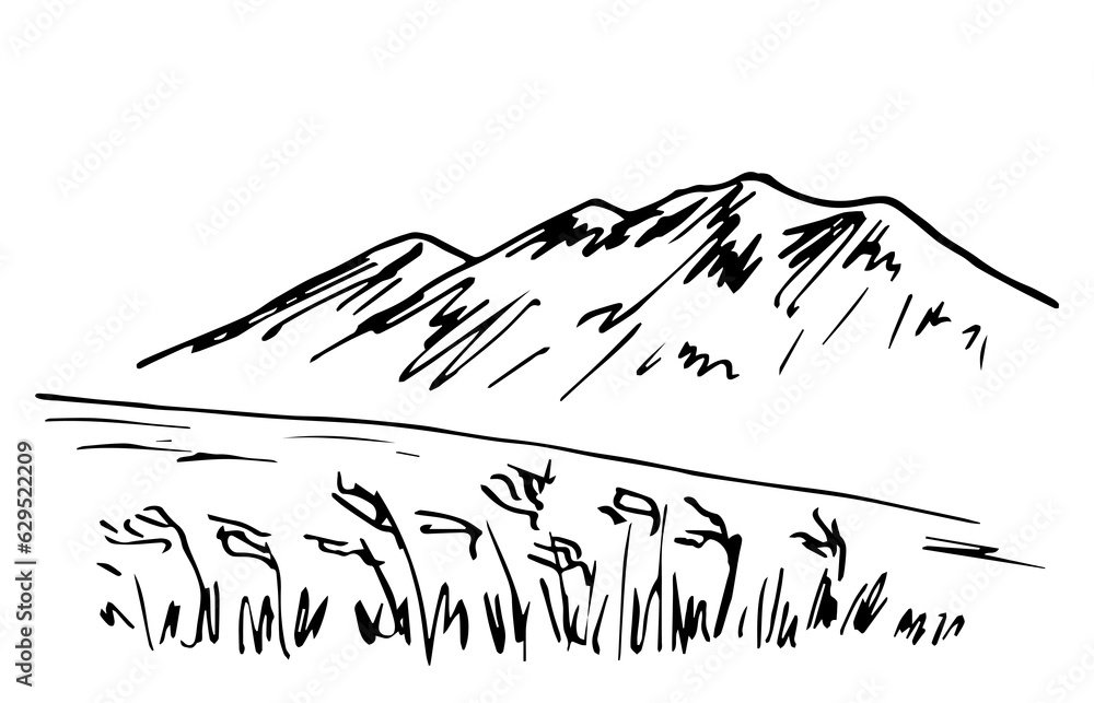Simple black outline vector drawing. Mountain landscape, wilderness ...