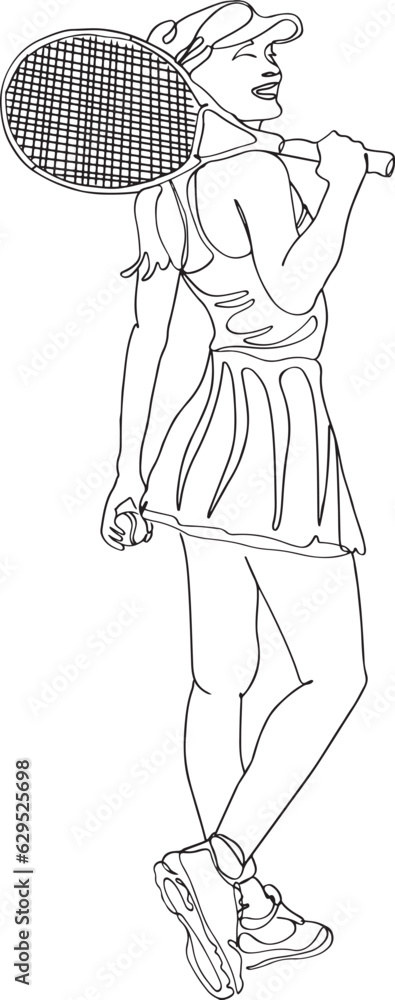 Graceful Tennis Pose: One-Line Illustration of a Teen Girl with Racquet ...