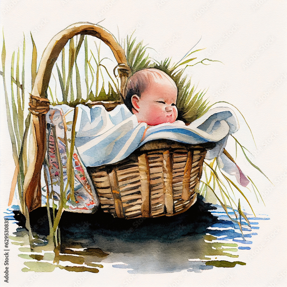 Baby Moses floating in a reed basket on the river Nile in Egypt, jewish ...