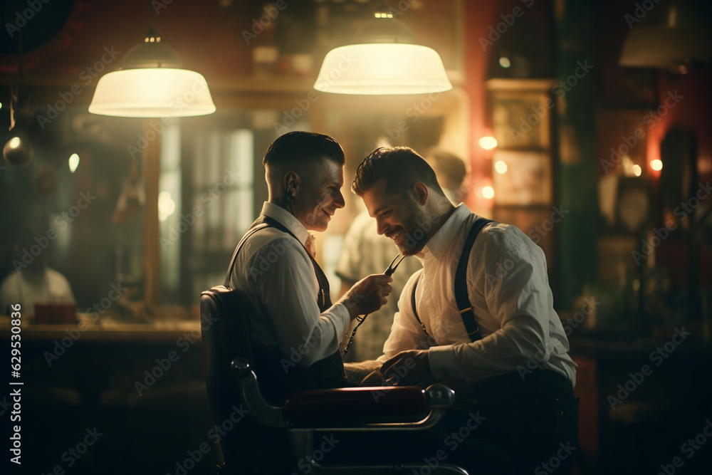 from behind a visually striking scene of a barbershop stylist giving a ...