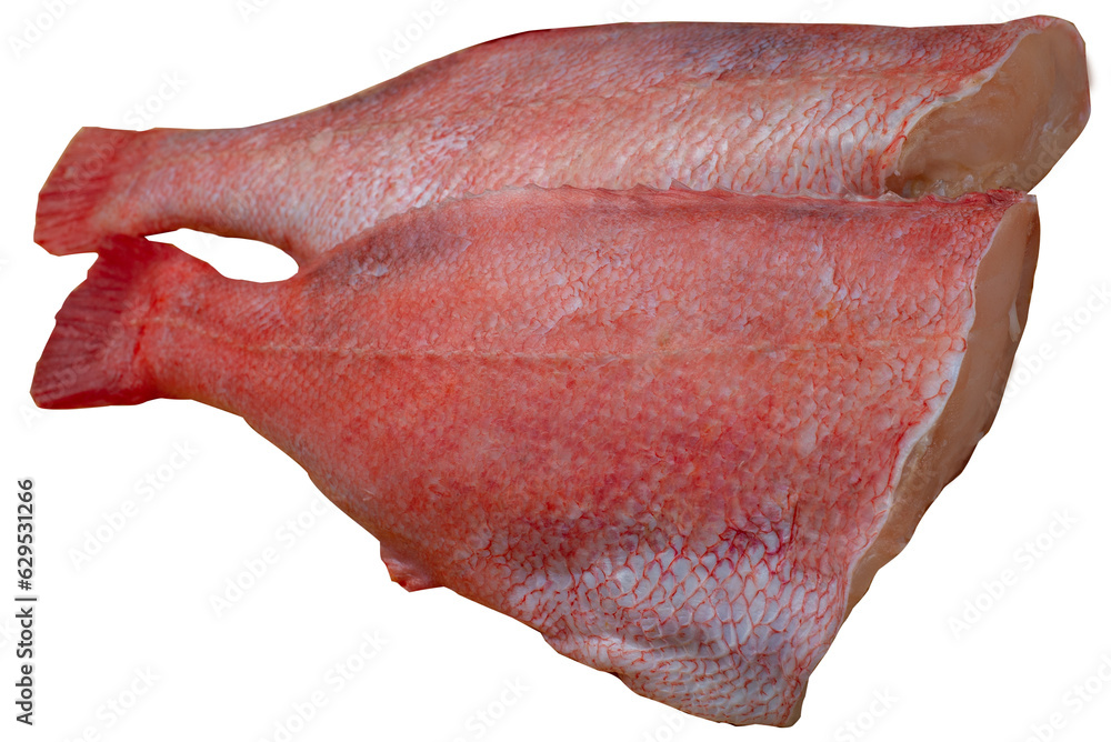 Two butchered pink snappers. Laid out fishes at the fish market Stock ...
