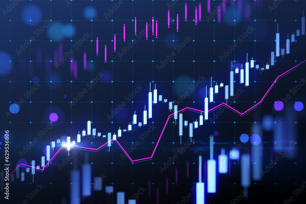 Glowing candlestick forex chart on blurry bokeh background. Technology ...