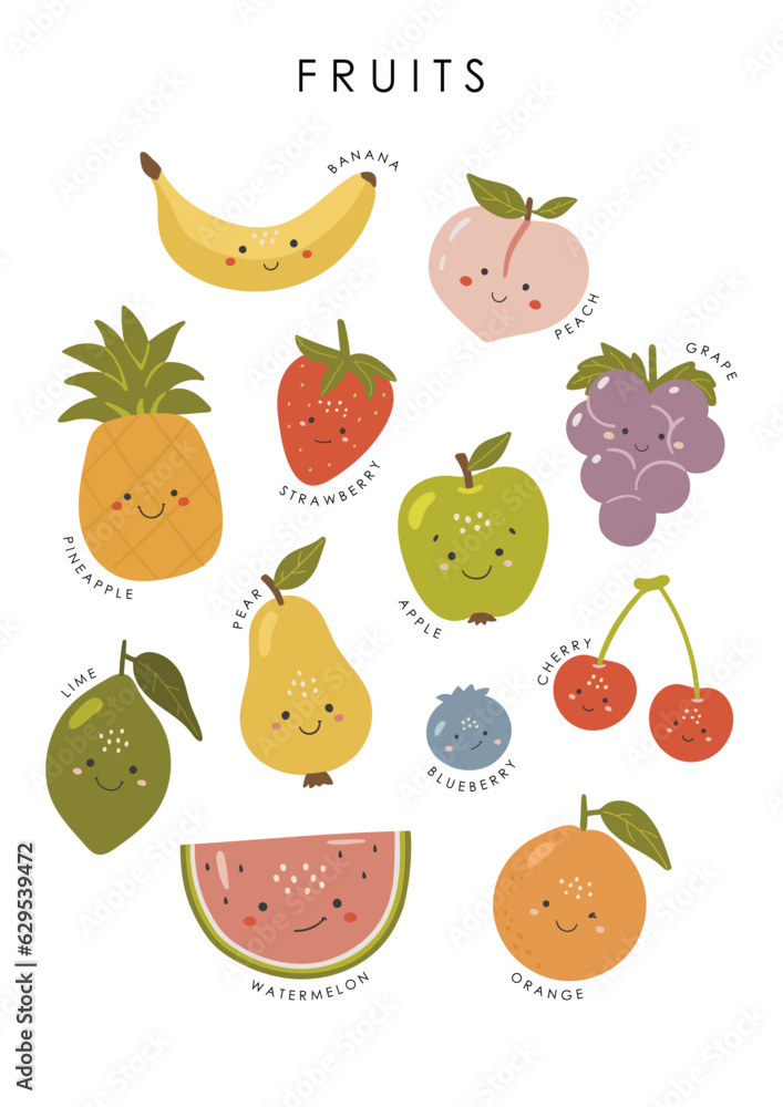 Cute Fruits, Educational fruits illustration, educational material ...