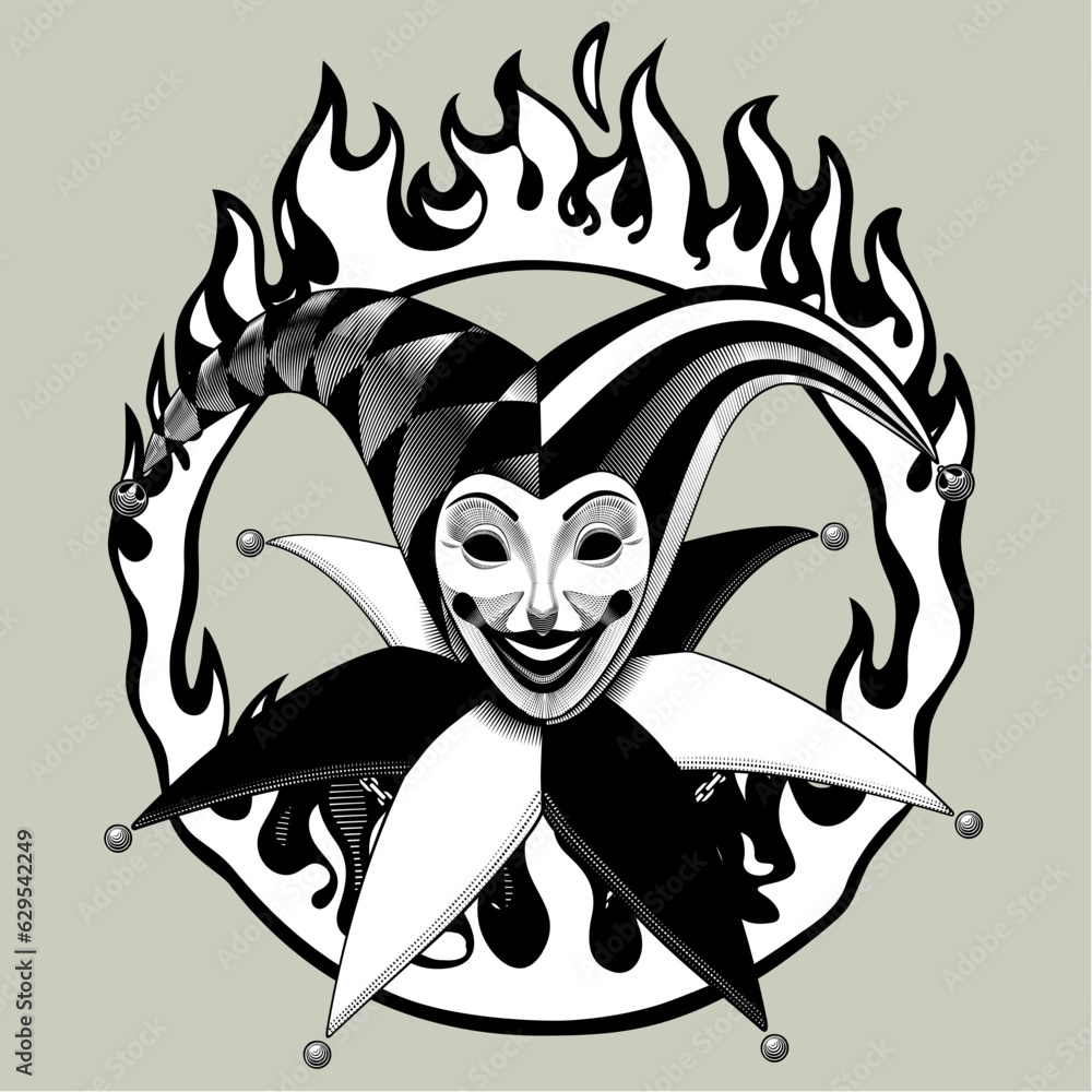 Joker playing card head in vintage engraving black and white drawing ...