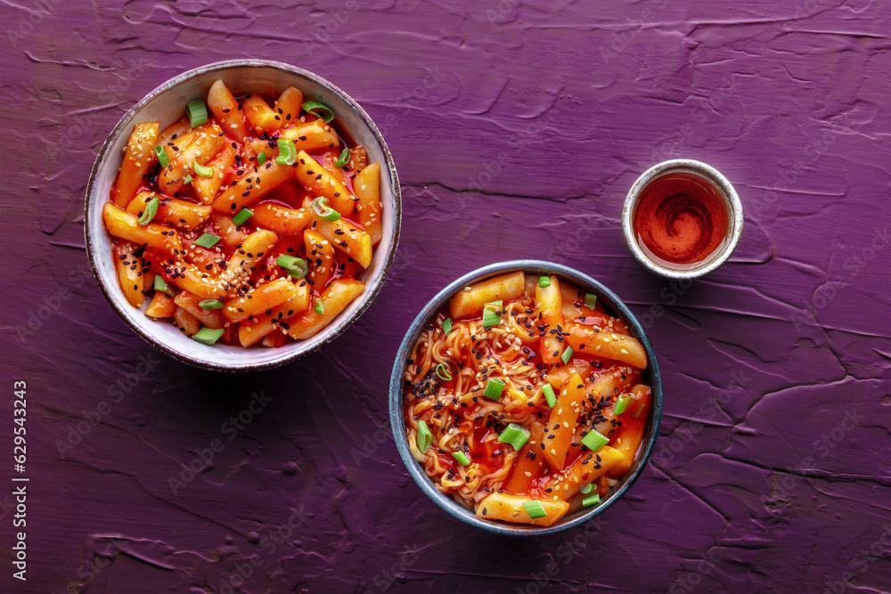 Tteokbokki or topokki and rabokki, Korean street food, spicy rice cakes ...
