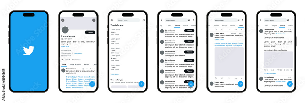 Set of iPhone 14 Pro smart phones with Twitter UI templates on white ...