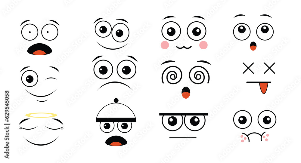 Cartoon faces. Expressive eyes and mouth, smiling, crying and surprised ...