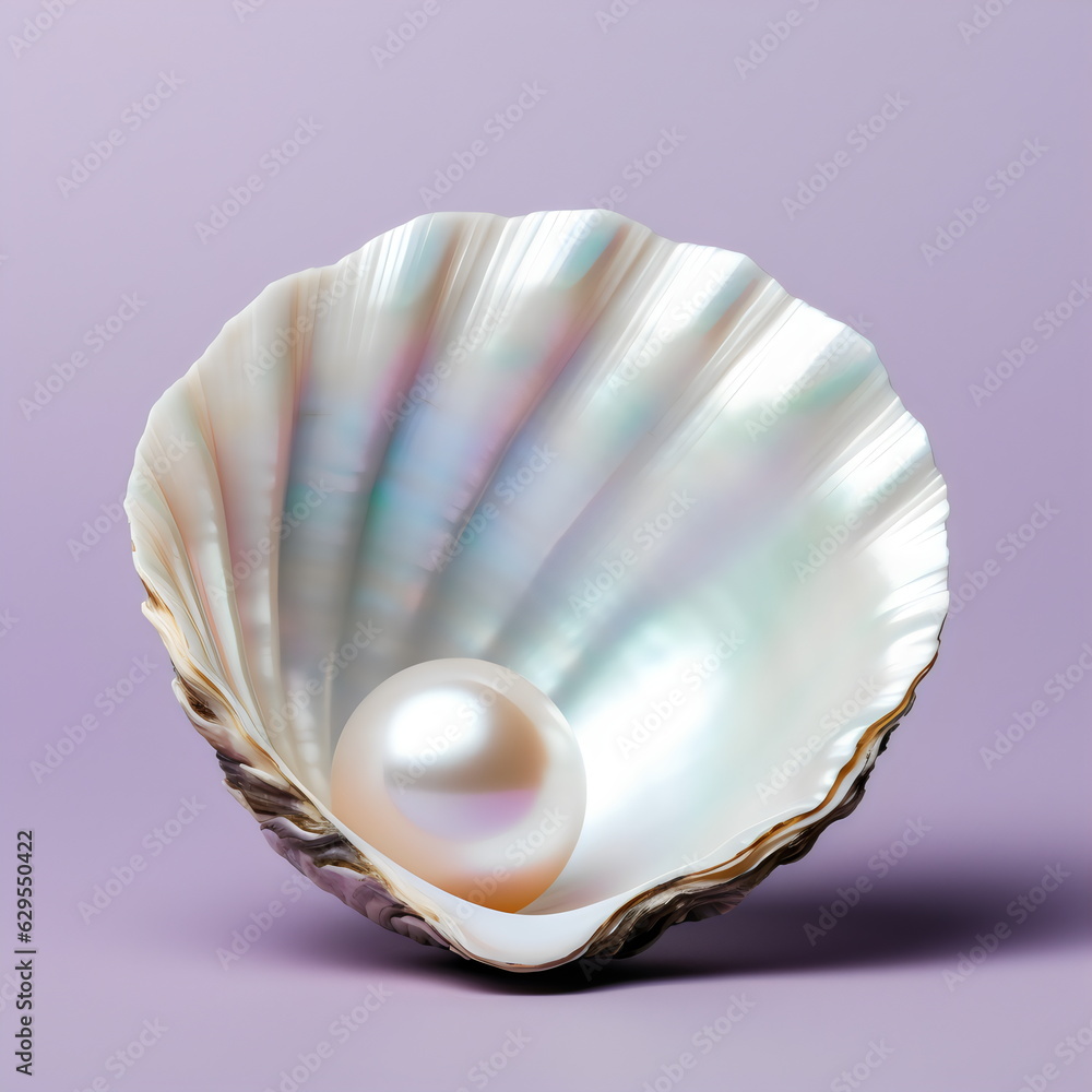 pearlescent oyster clam shell with large pearl inside isolated on plain ...