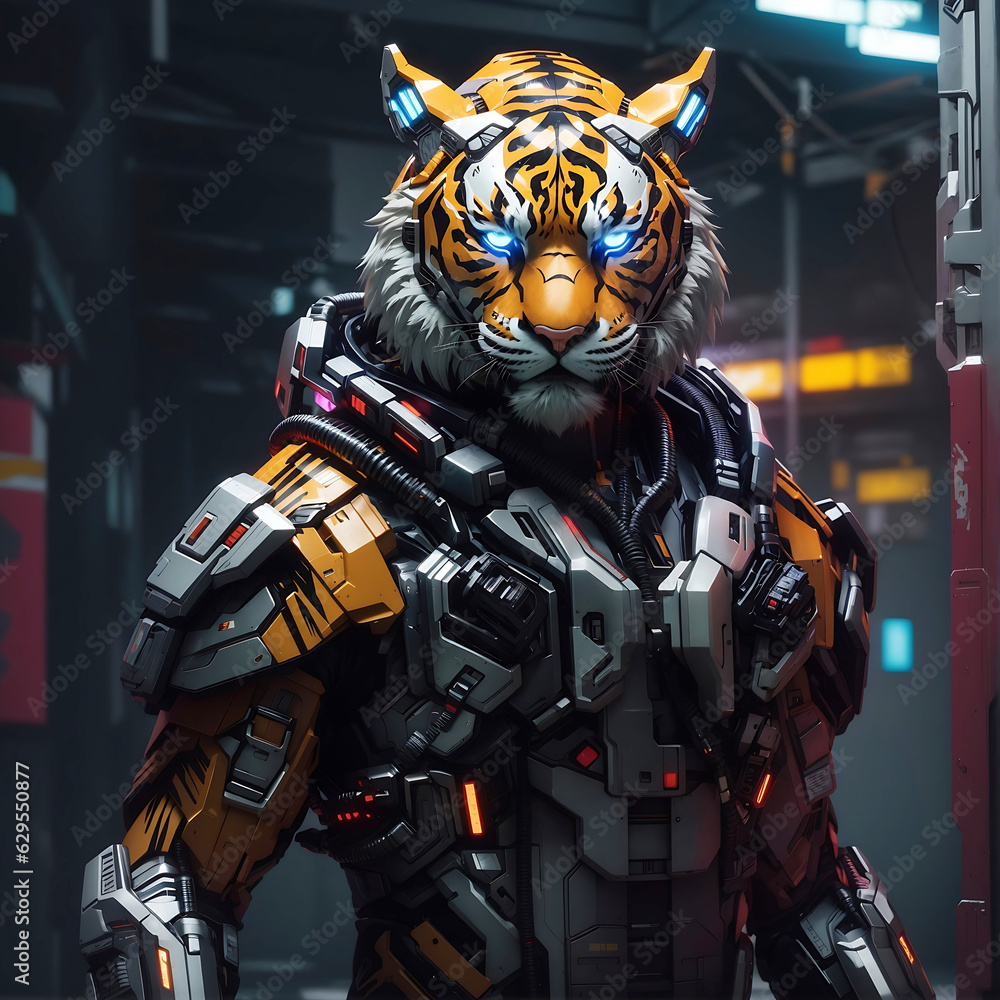 This photorealistic cyberpunk tiger is a powerful and menacing creature ...