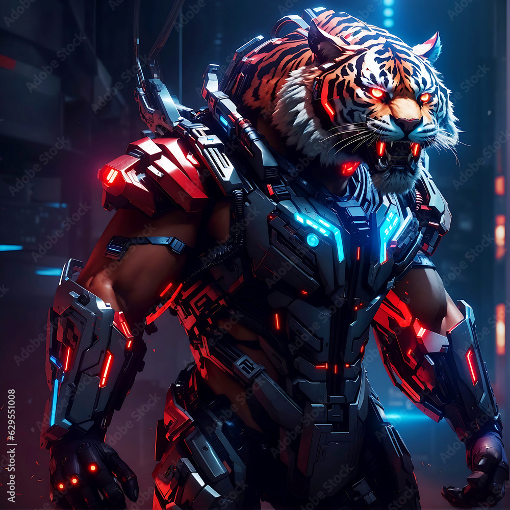 This photorealistic cyberpunk tiger is a powerful and menacing creature ...