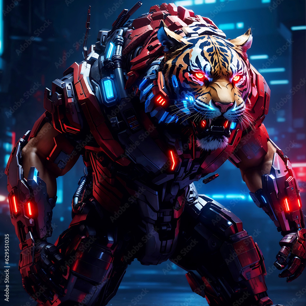 This photorealistic cyberpunk tiger is a powerful and menacing creature ...