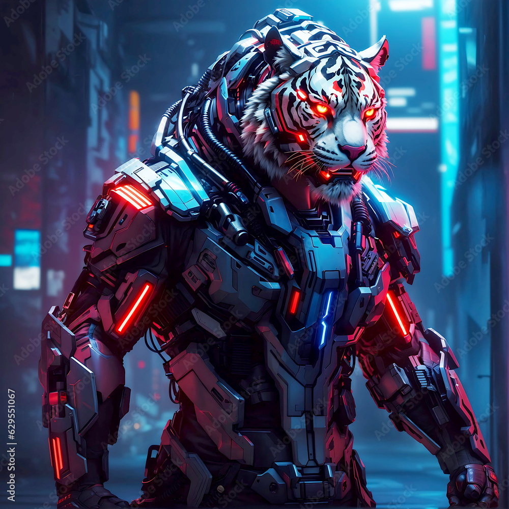 This photorealistic cyberpunk tiger is a powerful and menacing creature ...