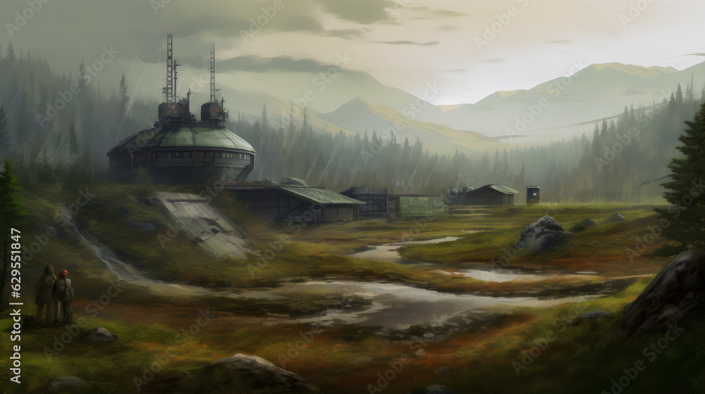 two people near military base desolate dark landscape game concept art ...