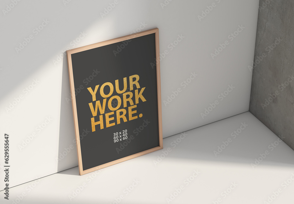 Vertical wooden poster Frame Mockup on floor in empty room Stock ...