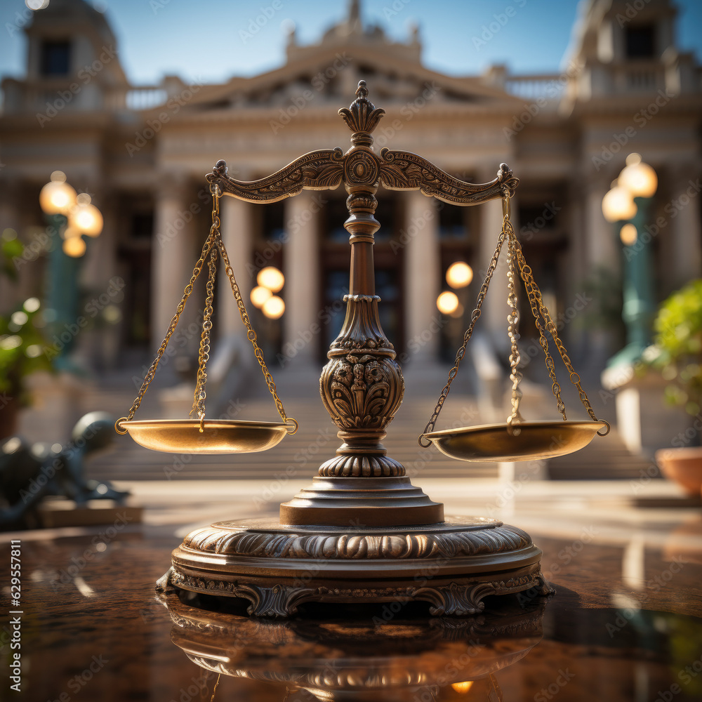 Scales of Justice in front of court building, photorealistic colors ...