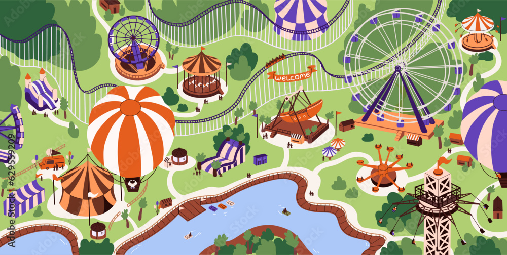 Childish amusement park top view. Summer holiday on carnival ...