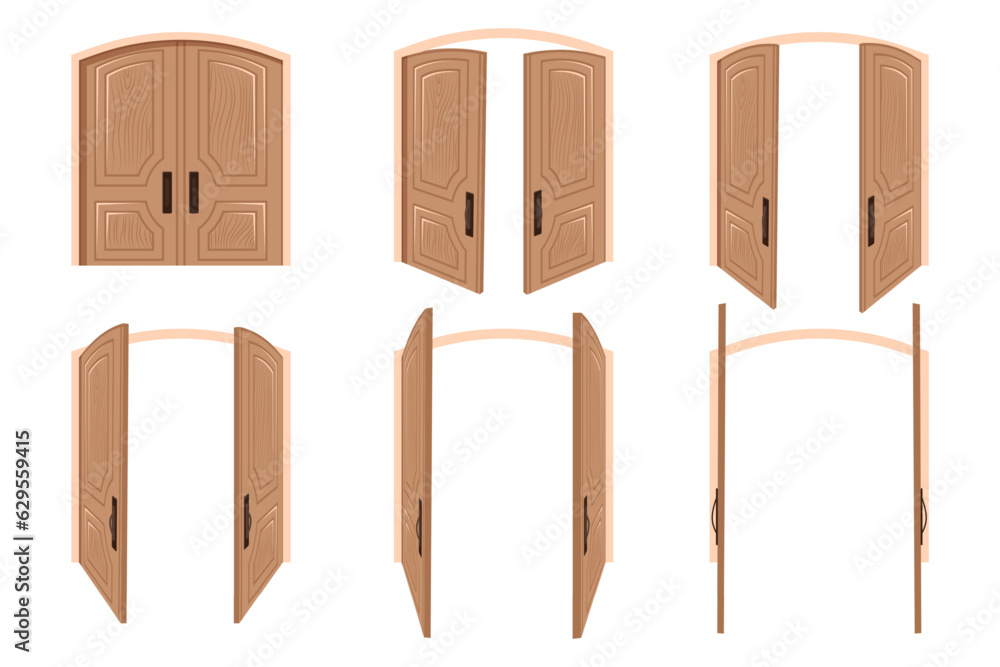 Open and closed door collection. Entrance and exit doors with handles ...