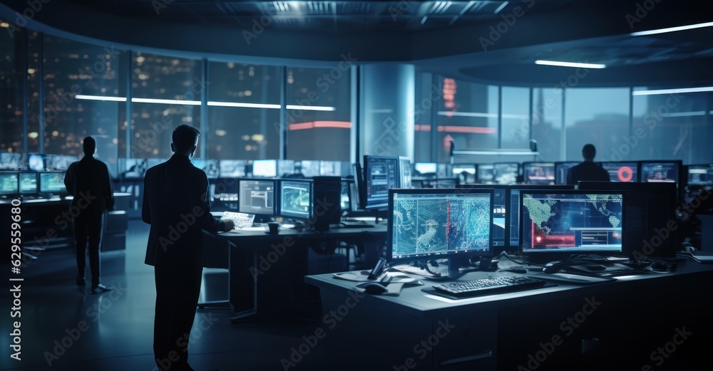 A cybersecurity team working in a hi-tech control room Stock Photo ...