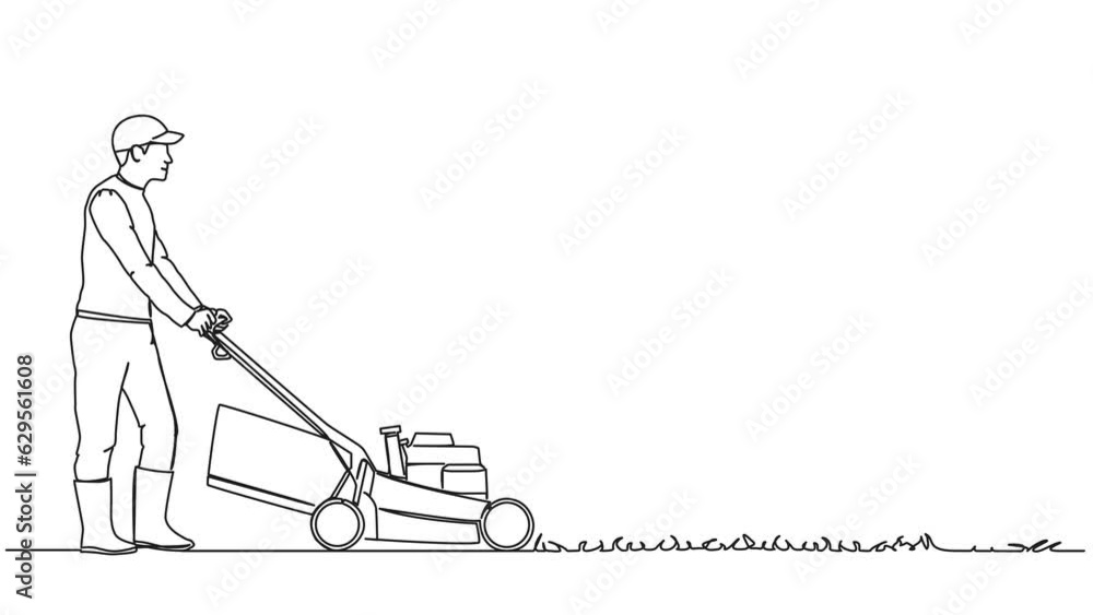 animated continuous single line drawing of man mowing lawn, line art ...