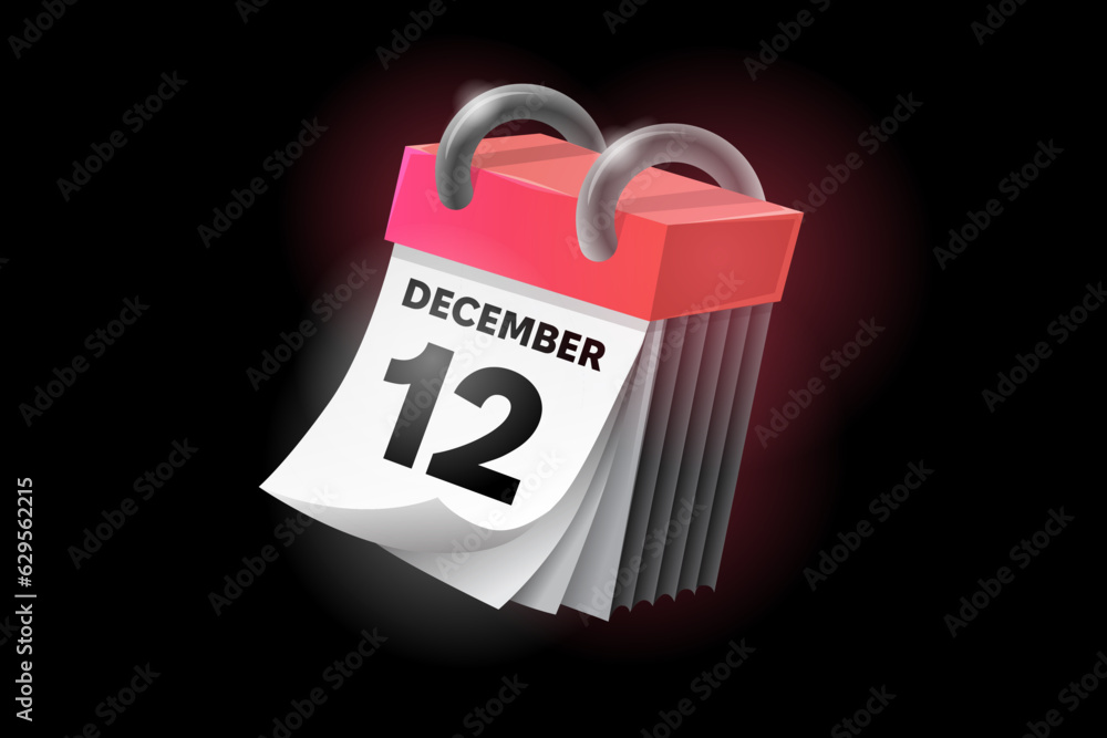 December 12 3d calendar icon with date isolated on black background ...