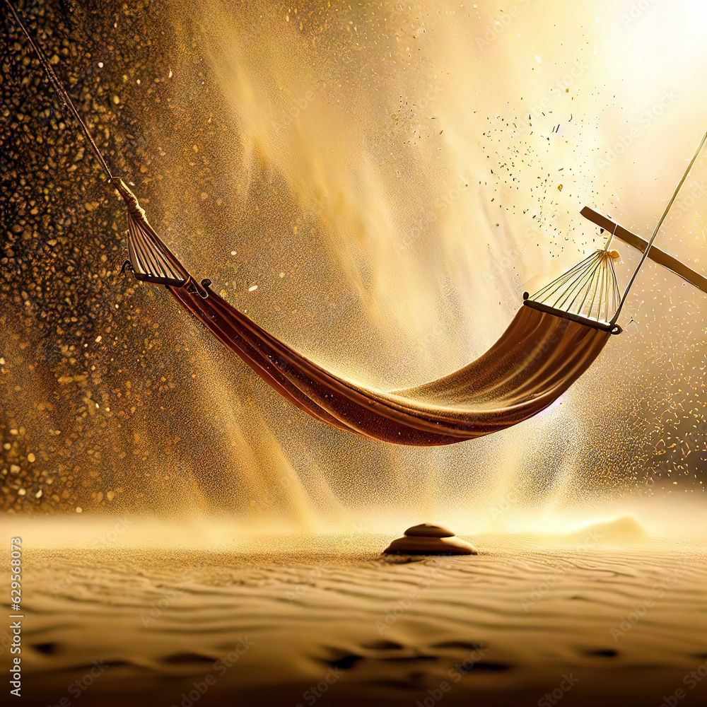 Hamaca en la playa rodeada de arena. Hamaca meciéndose en el viento ...