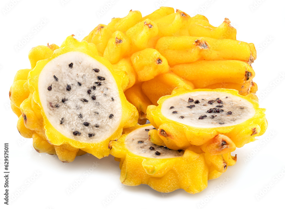 Yellow pitahaya or yellow dragon fruit and cross cuts of fruit with ...