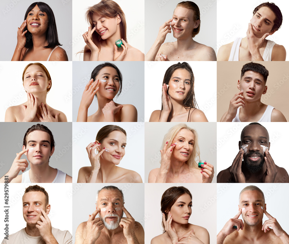 Collage. Men and women of different age and nationality taking care after skin condition with ...