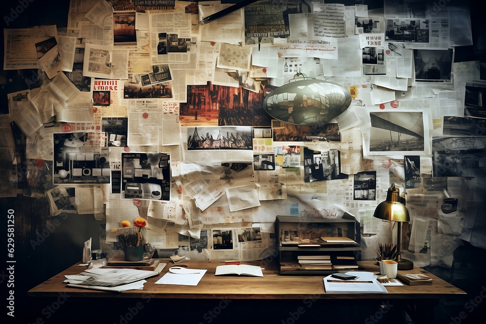 investigation paper cuting pasted on bord like a spy annalisis on wall ...