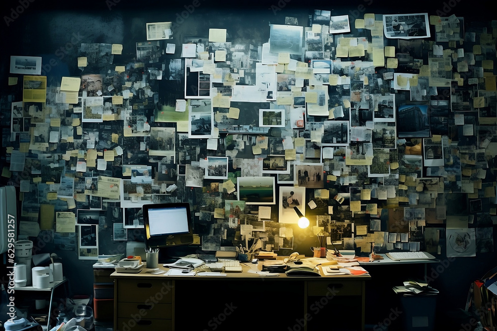 investigation paper cuting pasted on bord like a spy annalisis on wall ...