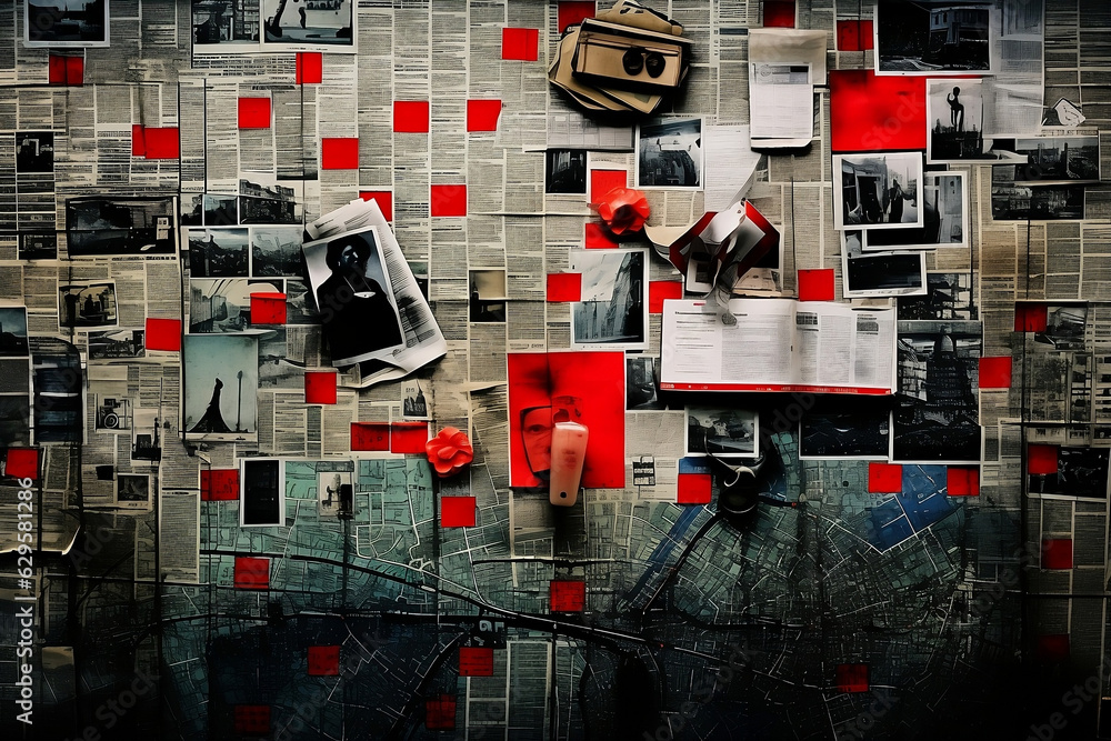 investigation paper cuting pasted on bord like a spy annalisis on wall ...