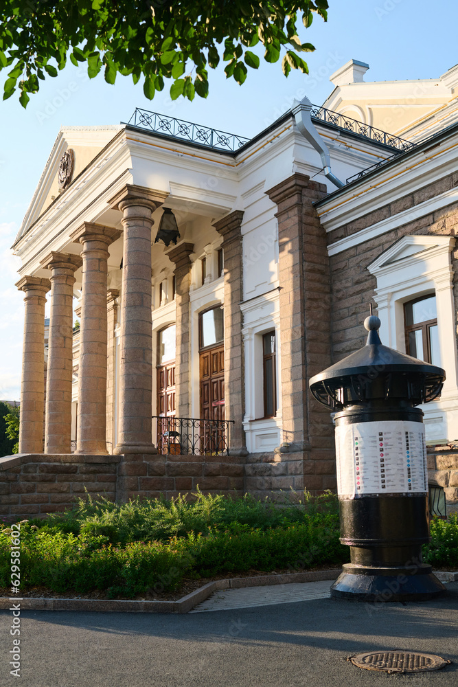 Architectural monument of classic style with columns on facade standing ...