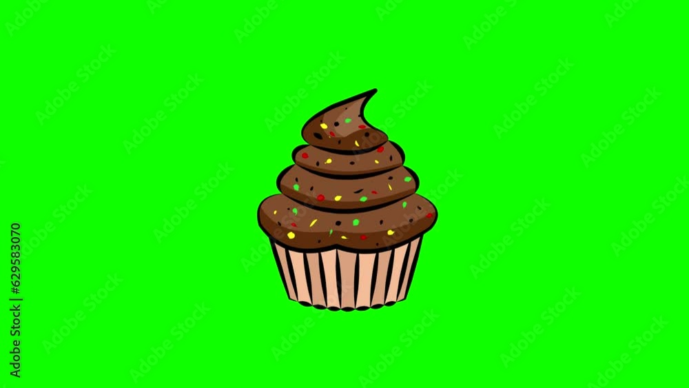 Animated Chocolate cupcake in cartoon style with green background, 2d ...