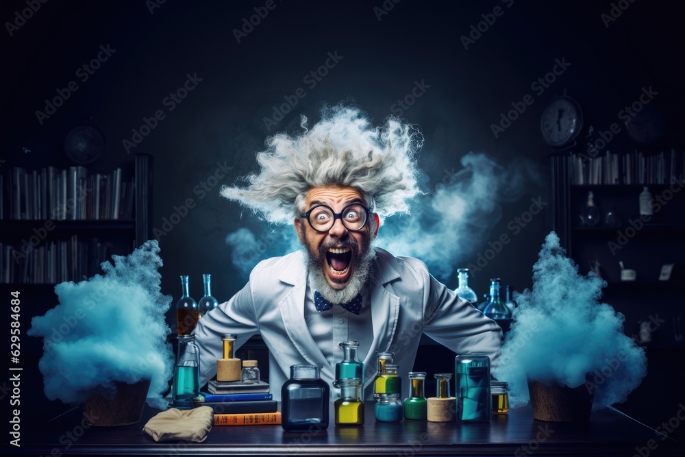 Wide-Angle Shot with Ample Copy Space of a Hilarious Crazy Scientist ...