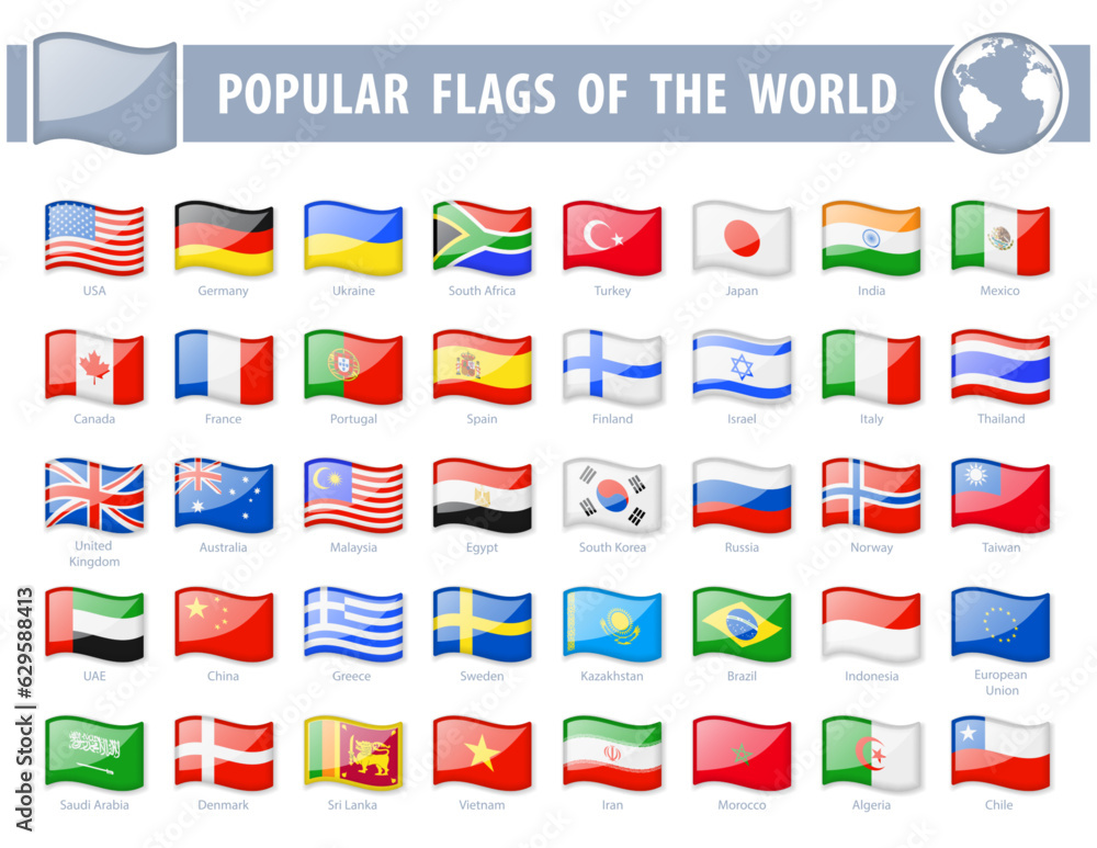 Popular flags of the world. Wavy Glossy Icons. Vector illustration ...