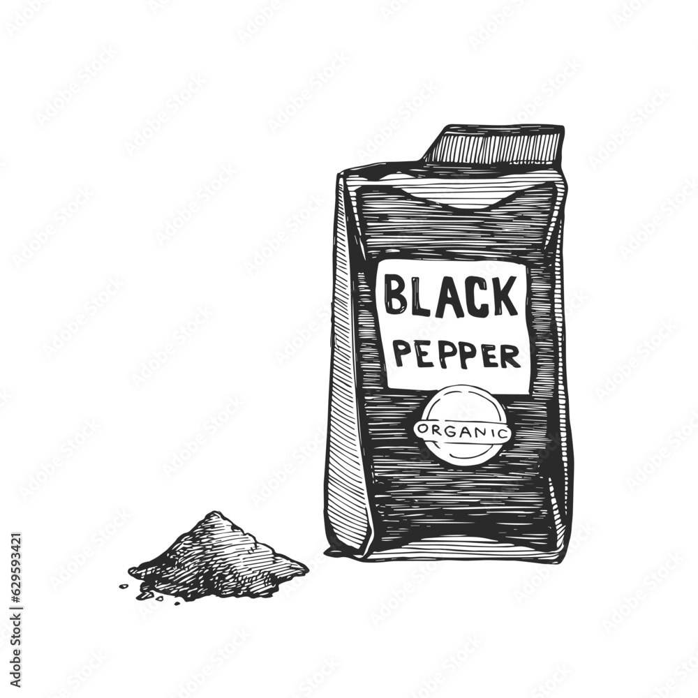 Vector hand-drawn illustration of a pack of black pepper isolated on ...