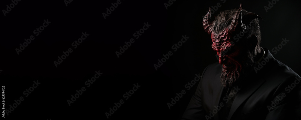 Portrait banner of the demonic being satan the devil on black ...