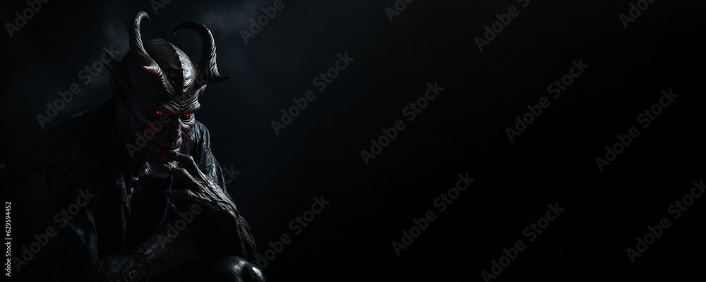 Portrait banner of the demonic being satan the devil on black ...