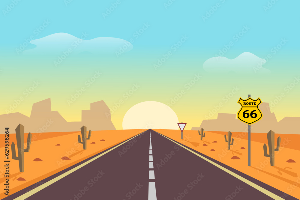 Road in the desert. Vector illustration of desert landscape with ...