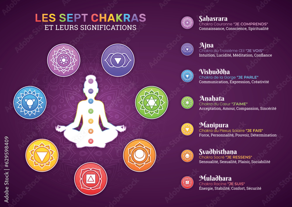 Les Sept Chakras et leurs significations Stock Vector | Adobe Stock