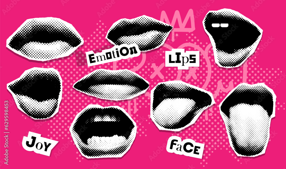 Y2k trendy collage mouth set with paper cutout elements. Halftone lips ...