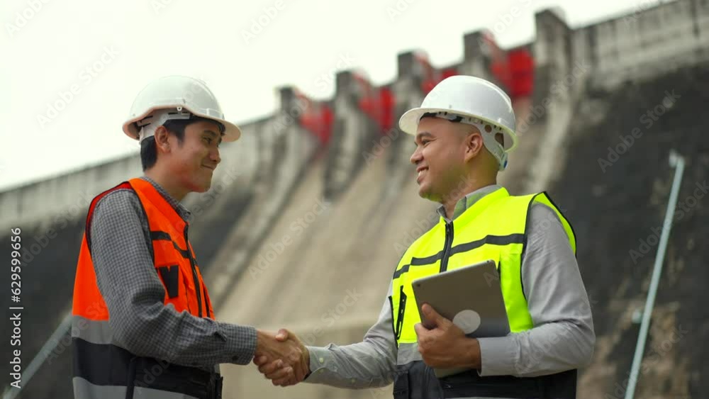 Success moment asian two engineers man shake hands with safety helmet ...