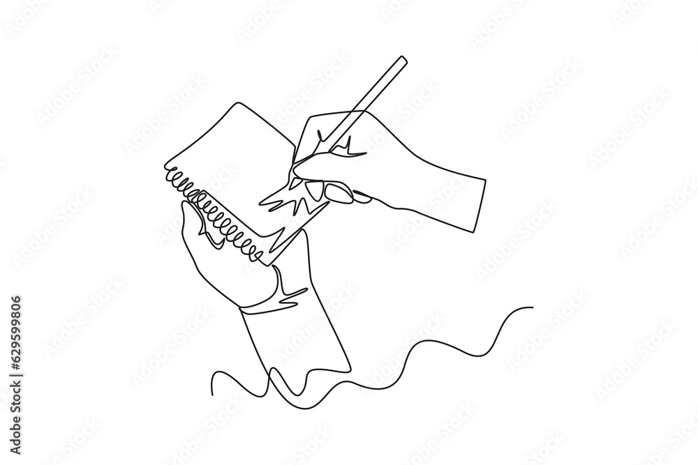 Continuous one line drawing of hands holding pens and pencils, writing ...