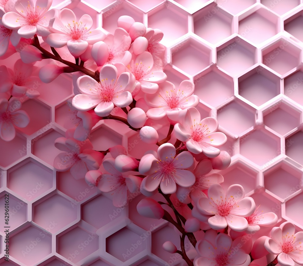 Pink flowers on a honeycomb wall art, i am in love, in the style of ...