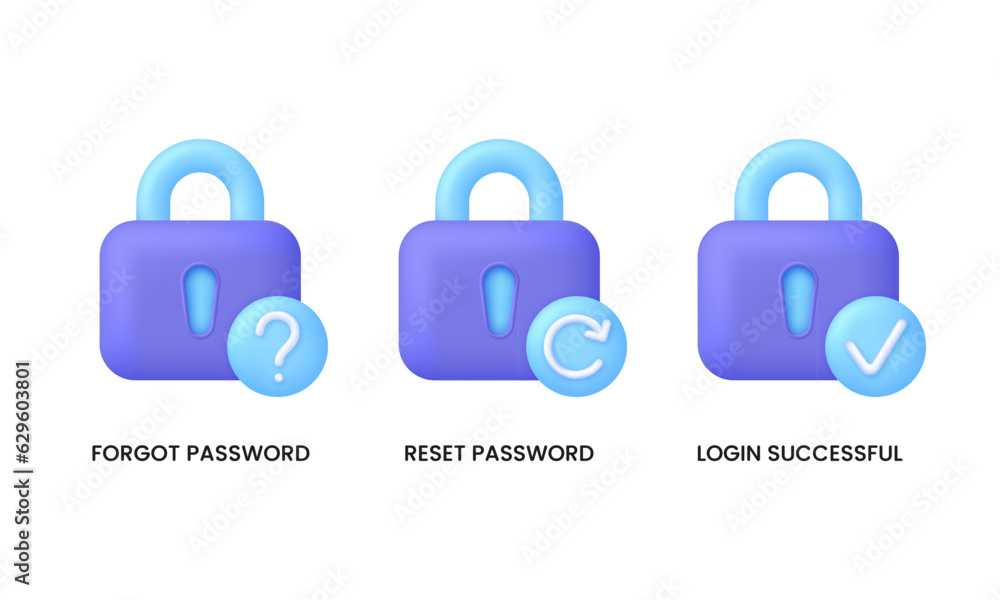 3D Set of password illustrations. Forgot, reset password and login ... 3D Set of password illustrations. Forgot, reset password and login ...