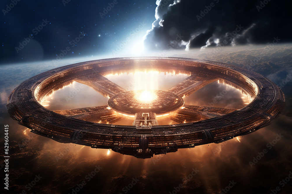 Powerful alien military technology. Space warship orbiting a planet and ...