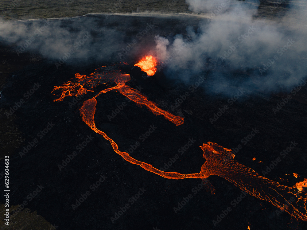 Aerial view of Litli-Hrutur (Little Ram) Volcano during an eruption on ...