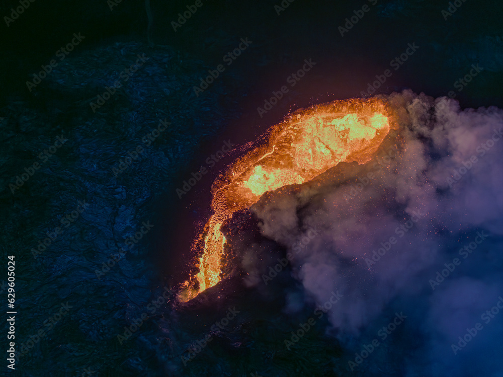 Aerial view of Litli-Hrutur (Little Ram) Volcano during an eruption on ...