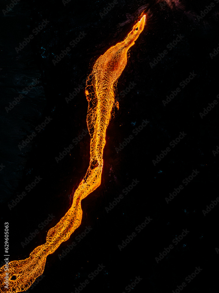 Aerial view of Litli-Hrutur (Little Ram) Volcano during an eruption on ...