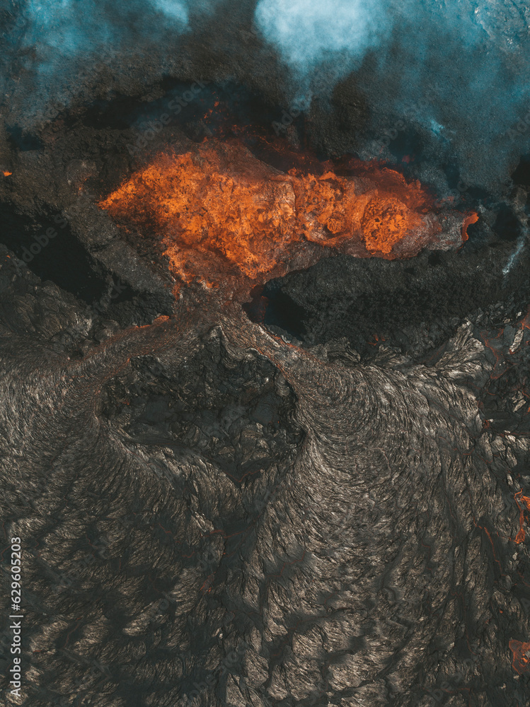 Aerial view of Litli-Hrutur (Little Ram) Volcano during an eruption on ...